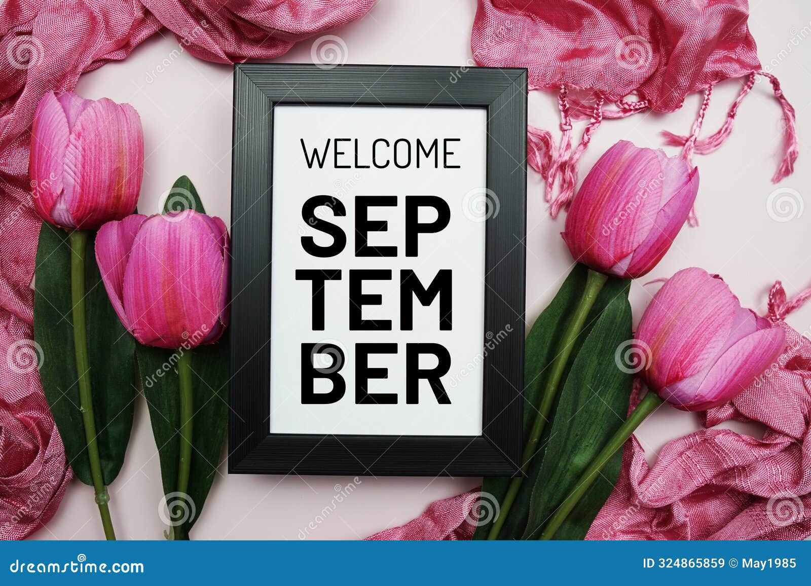 Welcome September Text Message with Pink Tulip Flower on Pink ...