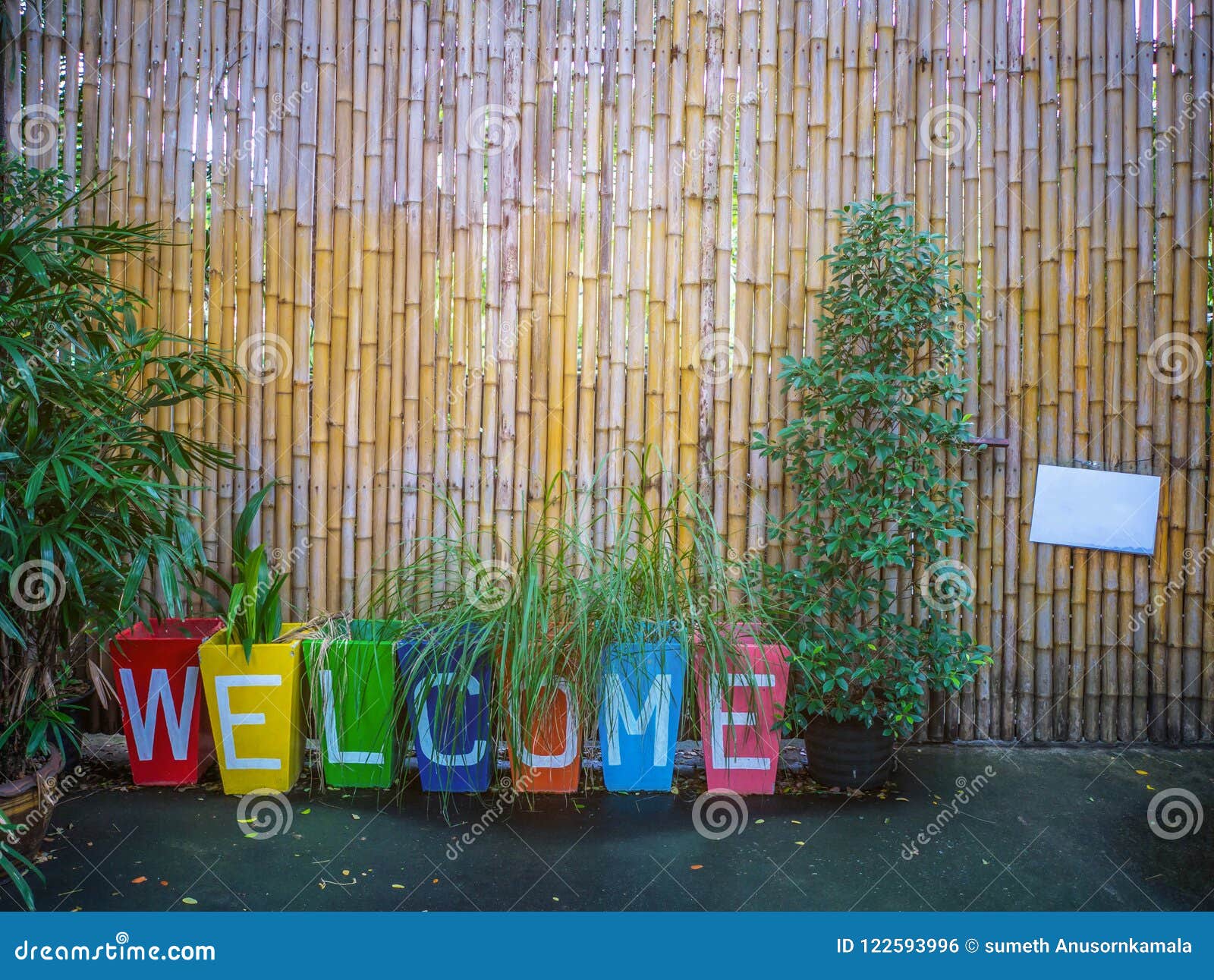 Welcome Sign and Bamboo Wall Stock Photo - Image of flower, connect ...