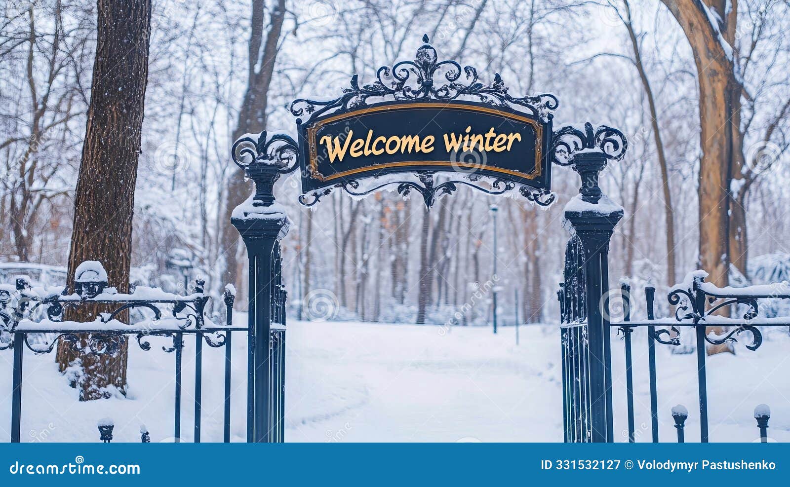 A Welcome Sign on a Gate in the Snow Stock Image - Image of cold ...