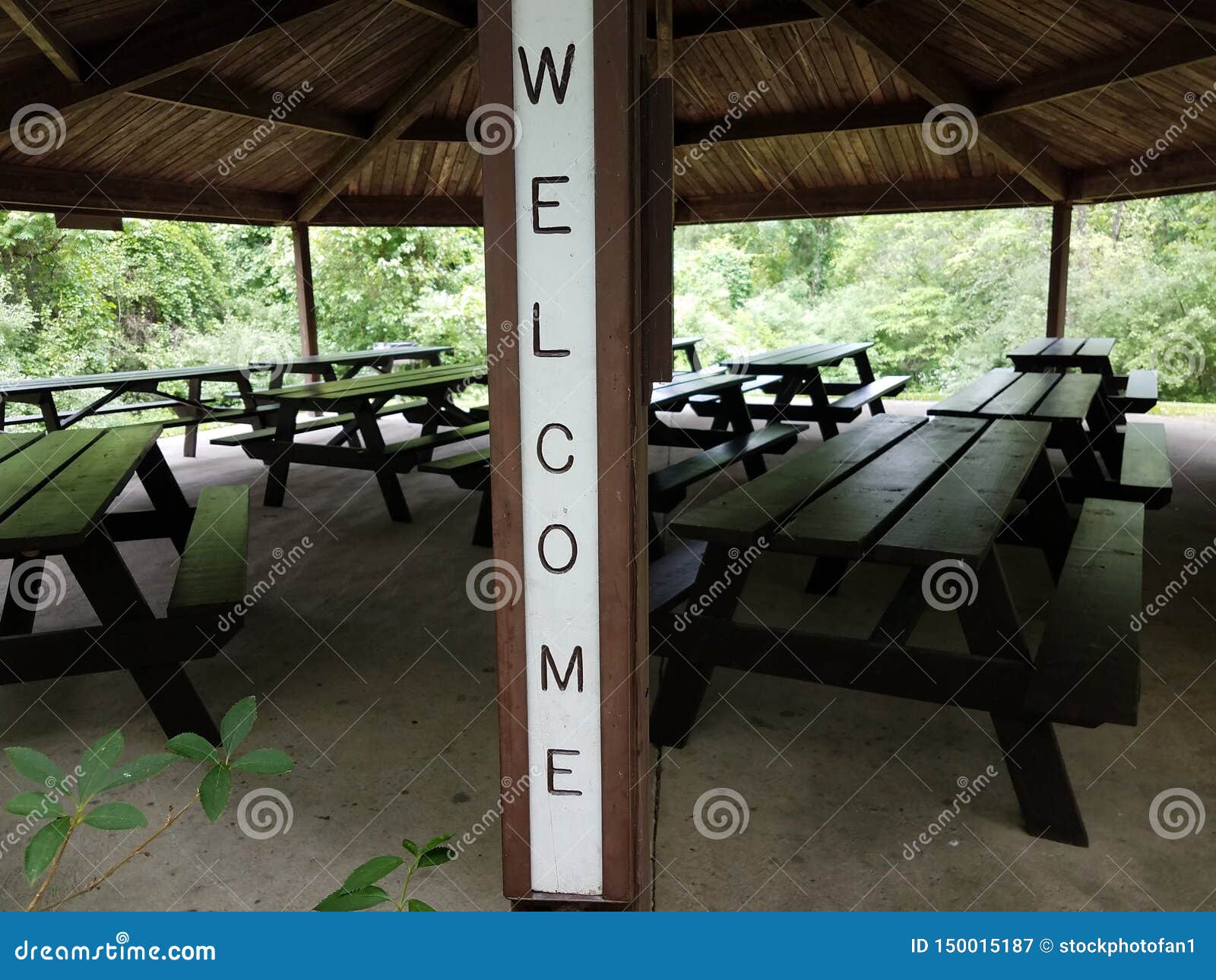Welcome Sign on Picnic Pavilion with Tables Stock Image - Image of sign ...