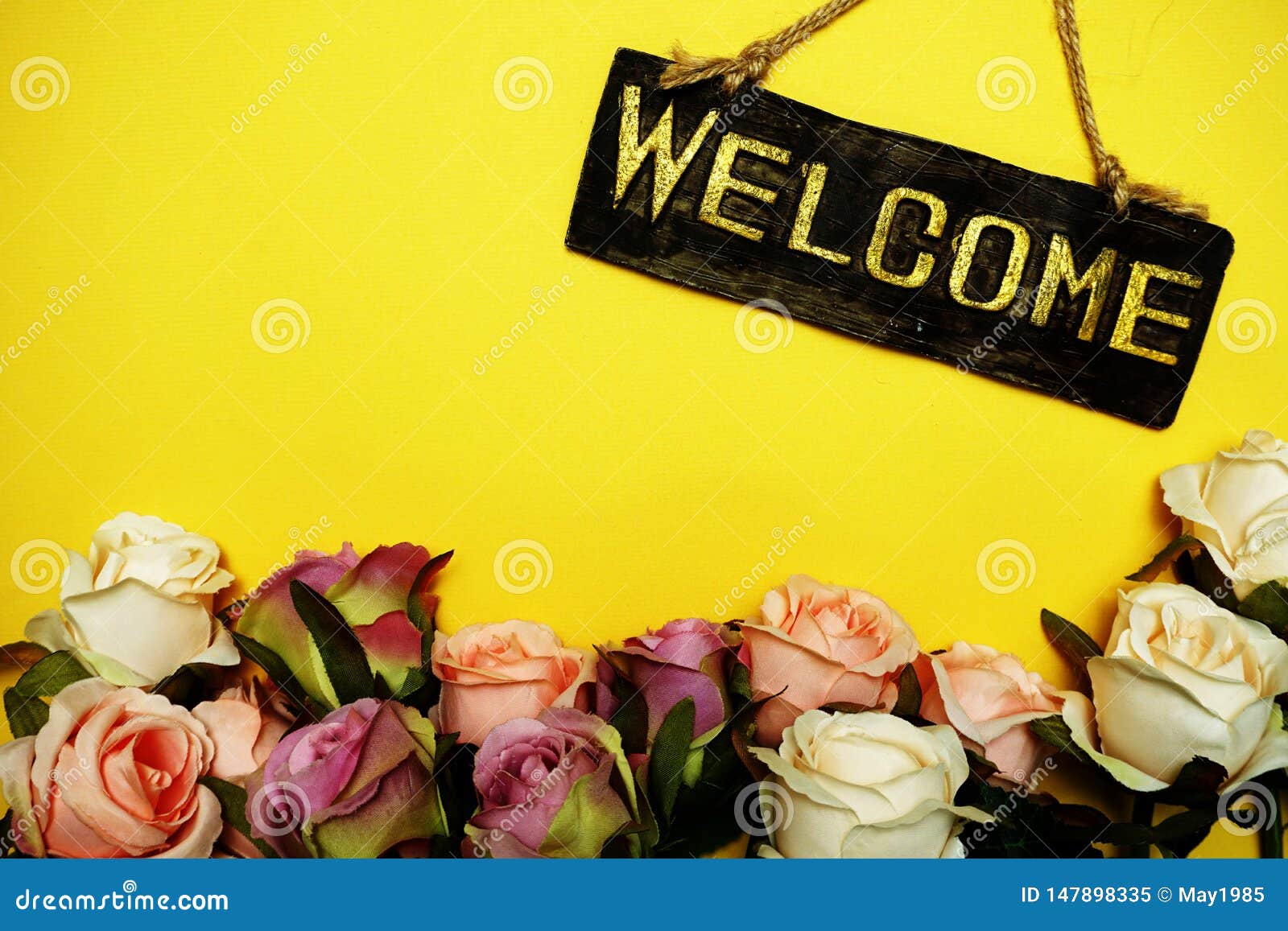 Welcome Sign with Rose Flower on Yellow Background Stock Image - Image ...