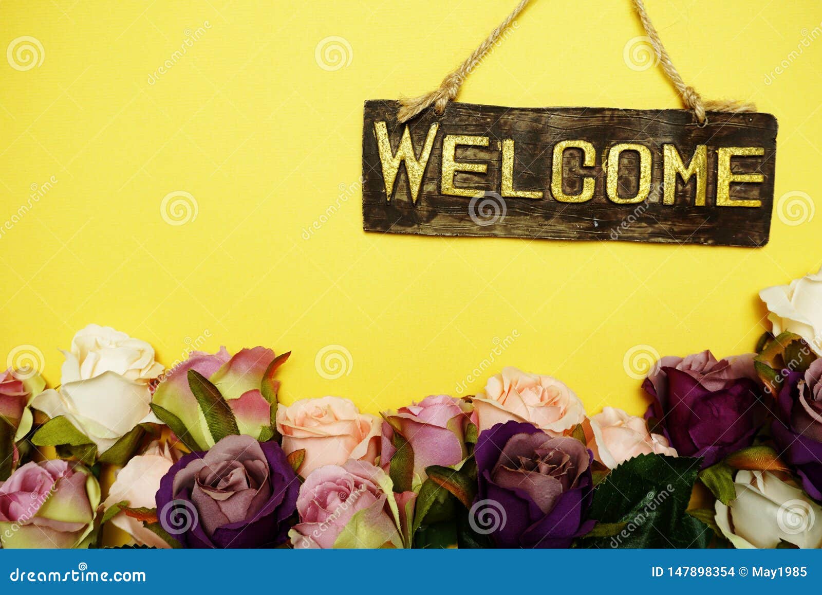 Welcome Sign with Rose Flower on Yellow Background Stock Photo - Image ...