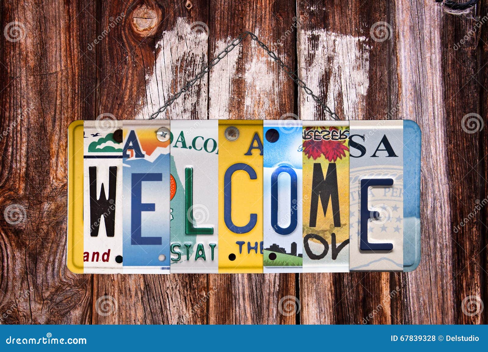 Welcome Sign Written with Recycled License Plates Stock Photo - Image ...