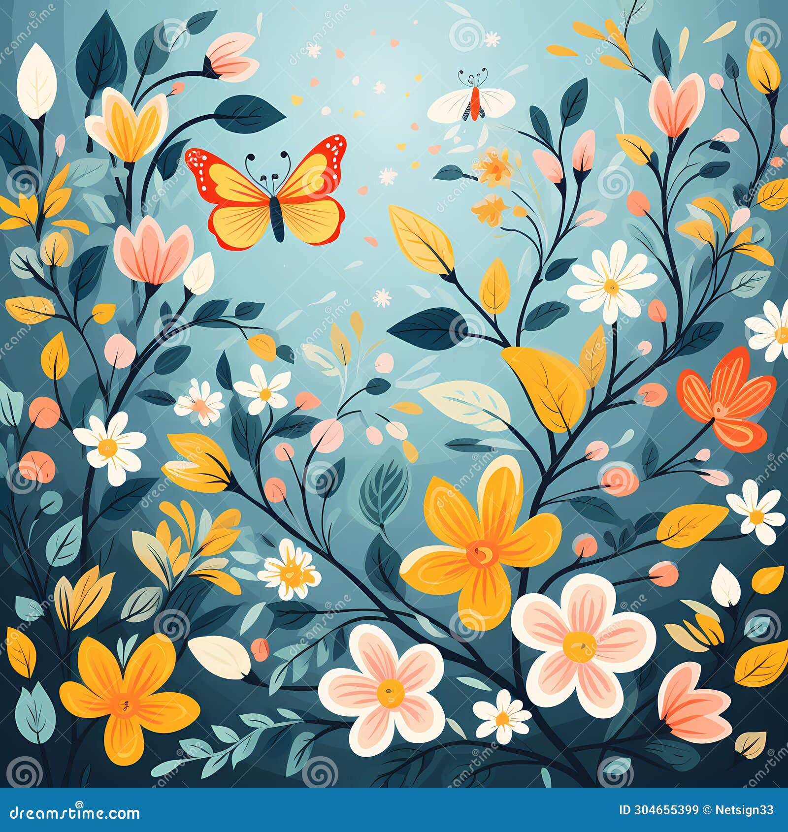Welcome Spring Background, a Butterfly Flying Over Flowers Stock ...