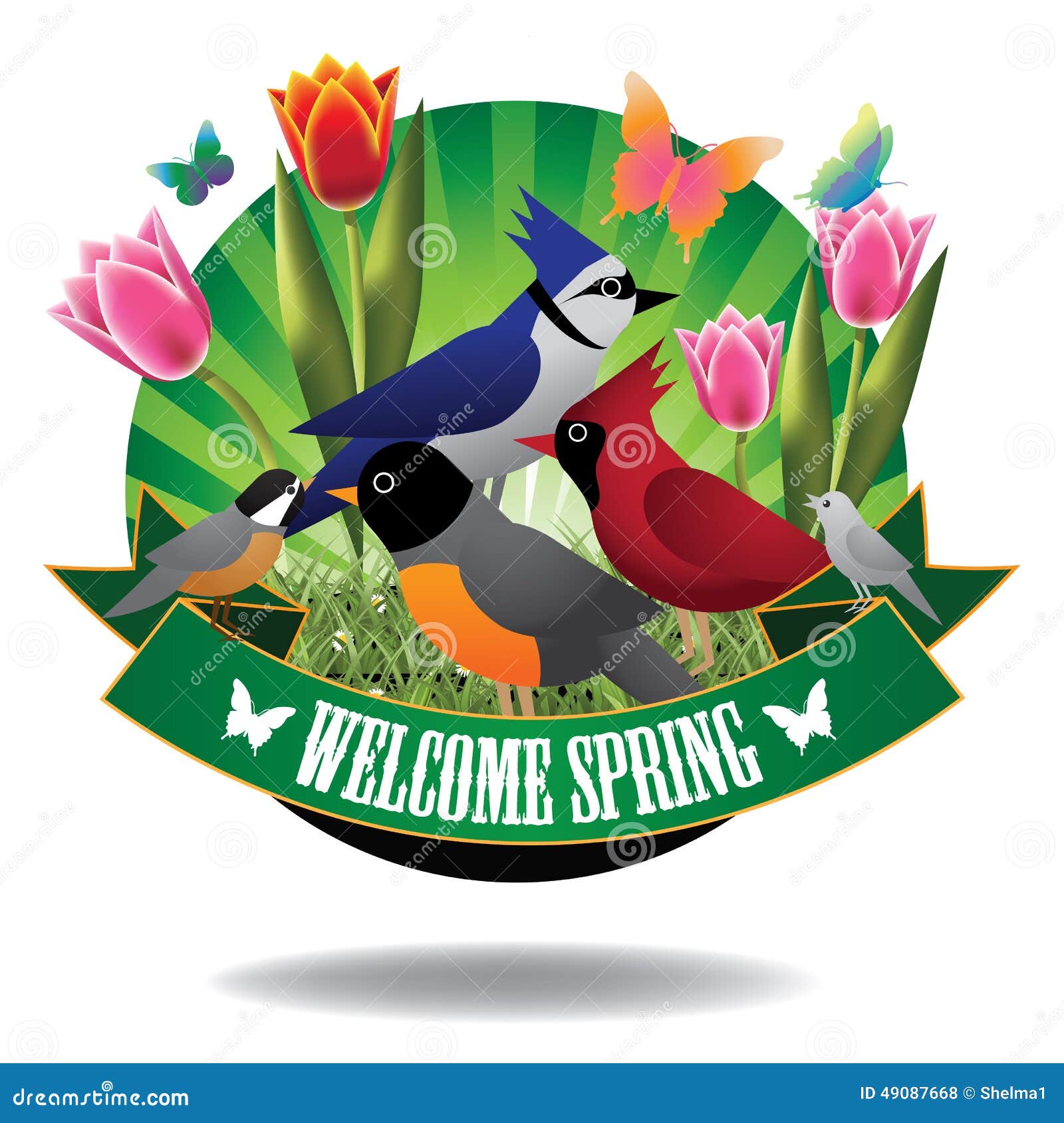 Welcome Spring Birds and Tulips Burst Icon Stock Vector - Illustration ...