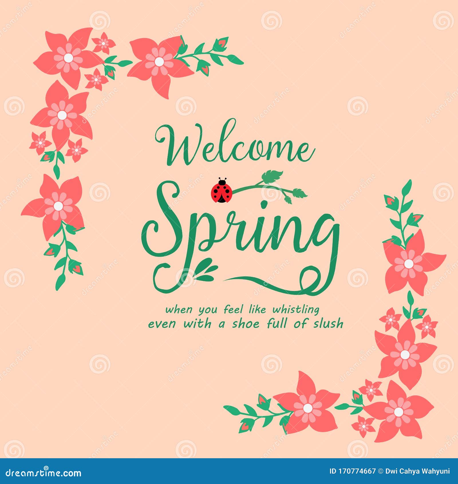 Welcome Spring Celebration Greeting Card Design, with Ornate of Leaf ...