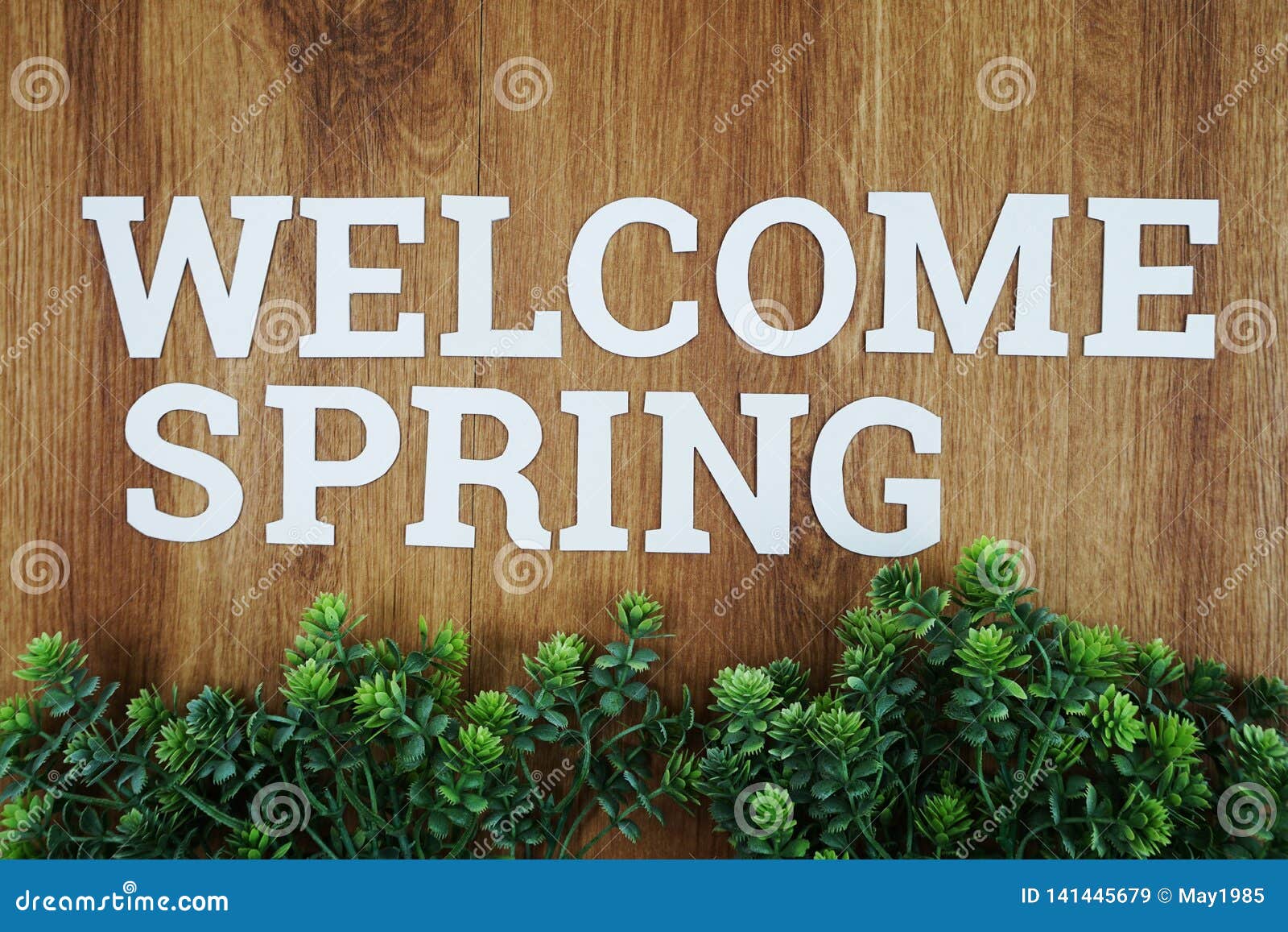 Welcome Spring with Green Leave on Wooden Background Stock Image ...