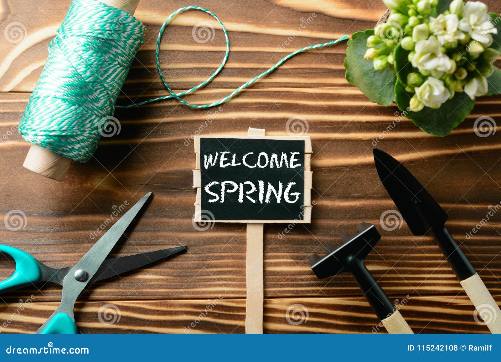 Welcome Spring Sign with Tools on Table Stock Photo - Image of beauty ...