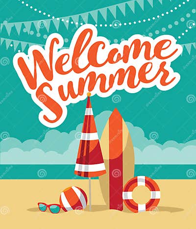 Welcome Summer Fun Flat Design. Stock Vector - Illustration of ocean ...