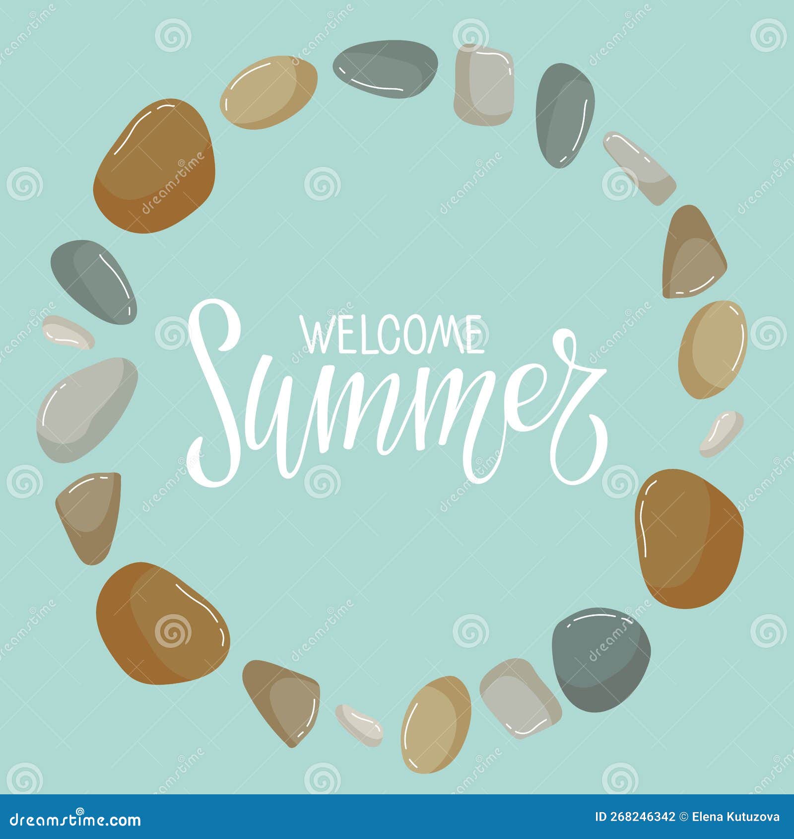 Welcome Summer Text in Beach Pebbles Frame. Round Frame with Various ...