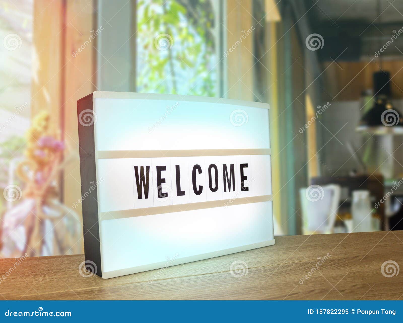 Welcome Text Sign Banner in Cafe Stock Image - Image of cafe, small ...