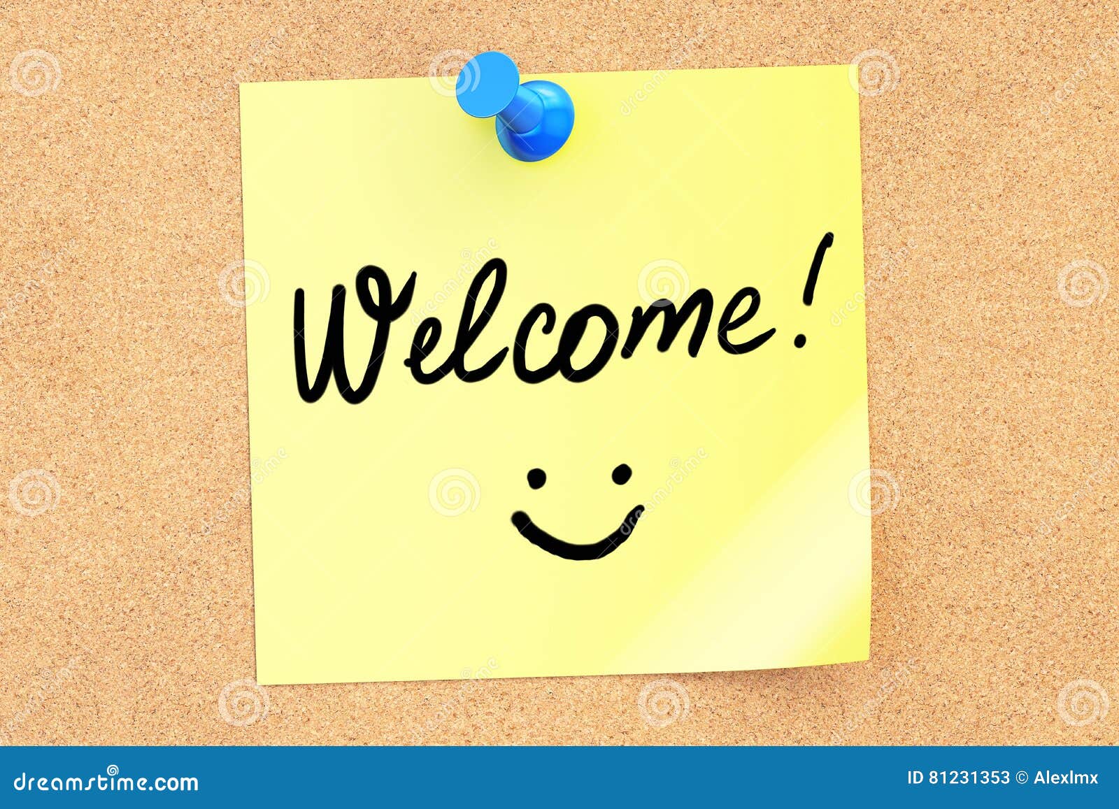 Welcome Text on a Sticky Note Pinned To a Corkboard. 3D Rendering Stock ...