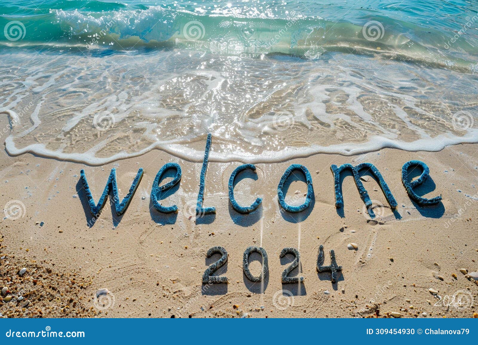 Welcome 2024 Text Written on the Sand of the Beach. Stock Photo - Image ...