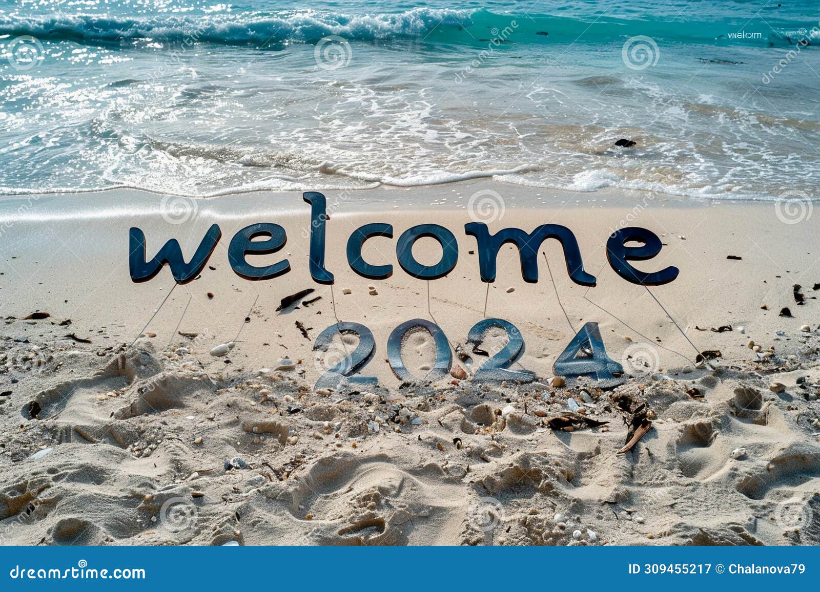 Welcome 2024 Text Written on the Sand of the Beach. Stock Image - Image ...