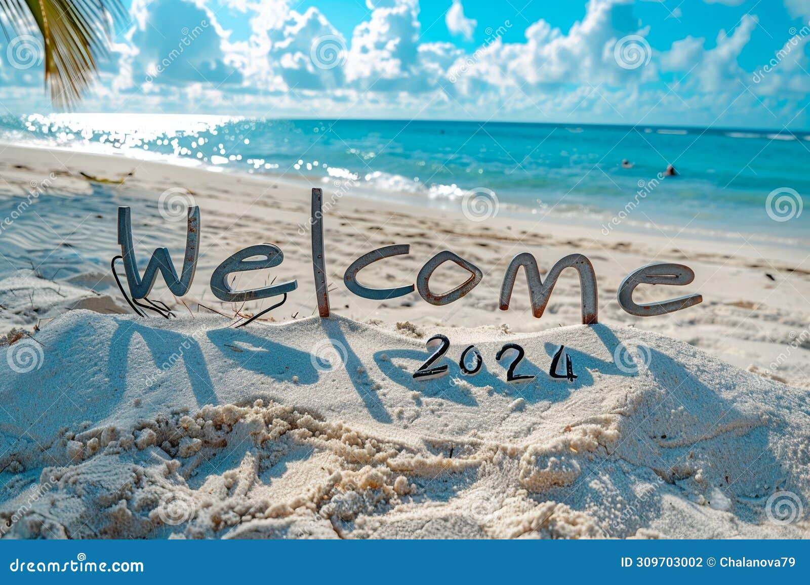 Welcome 2024 Text Written on the Sandy Beach. Stock Photo - Image of ...