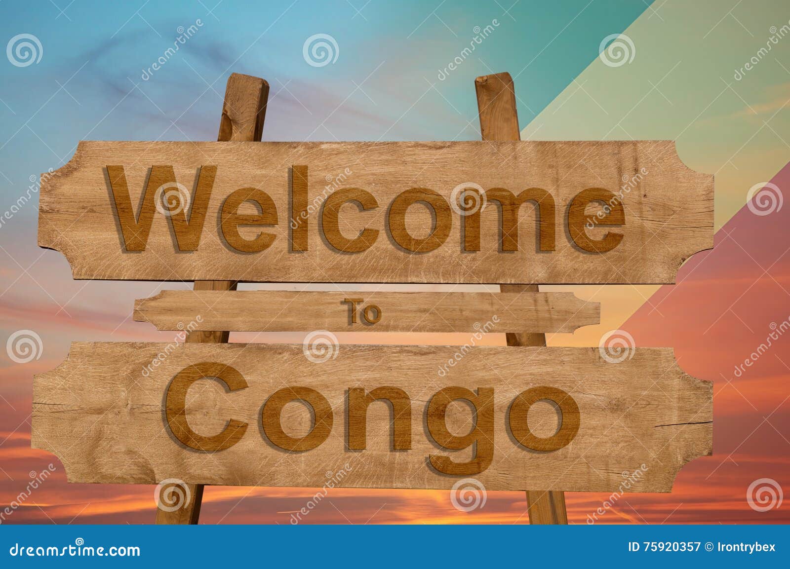 Welcome To Congo Sing on Wood Background with Blending National Flag ...