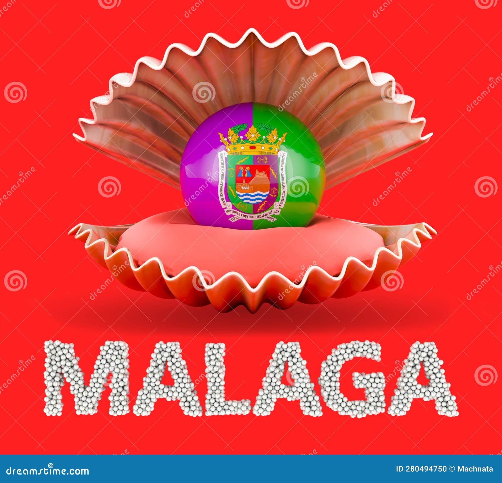 Welcome To Malaga, Concept. Pearl with Coat of Arms of Malaga Inside ...