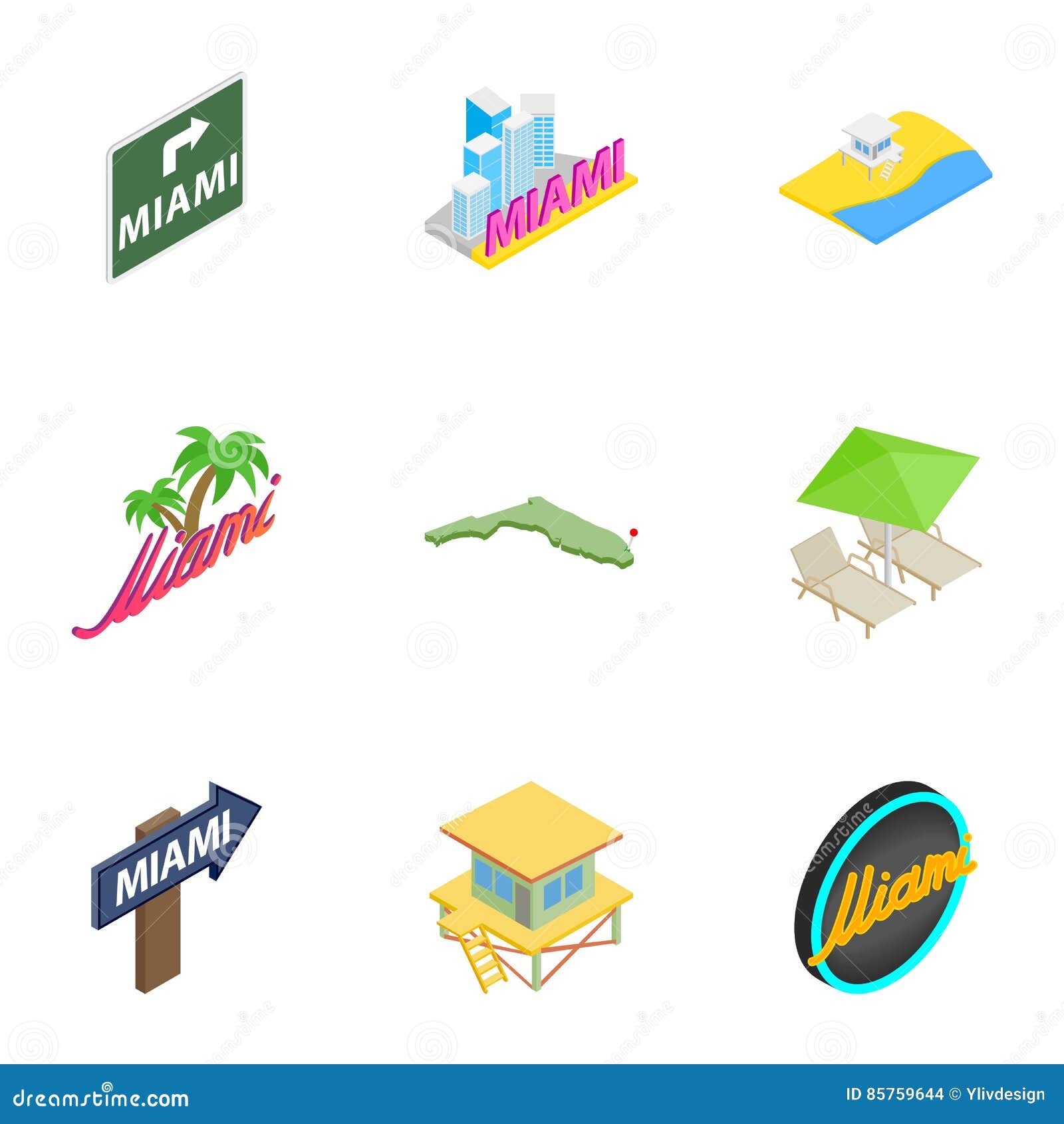 Welcome To Miami Icons Set, Isometric 3d Style Stock Vector ...