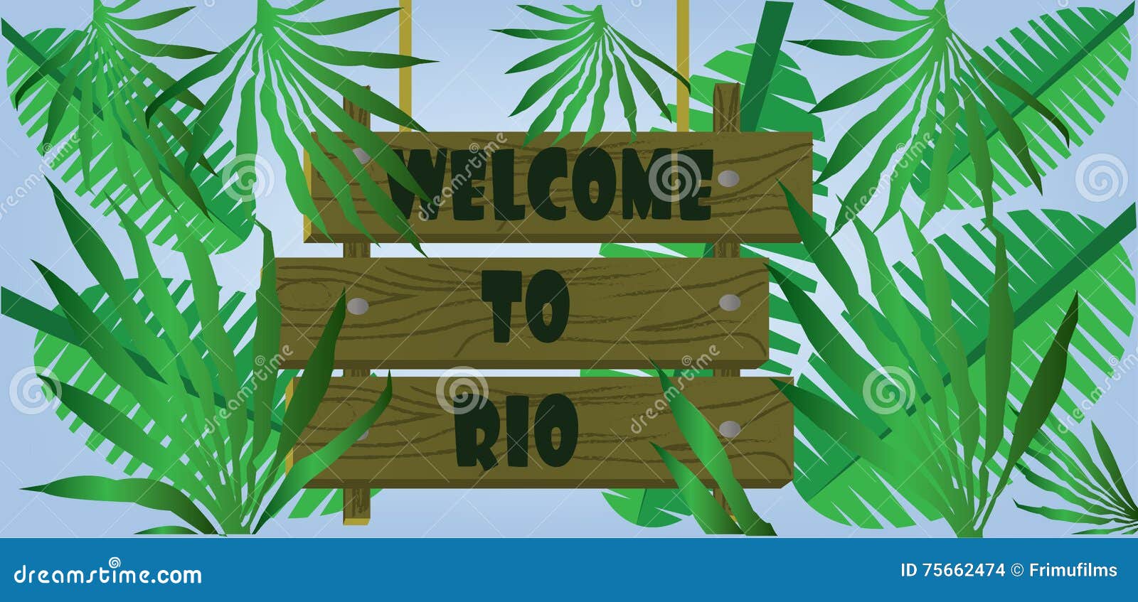 Welcome To Rio Text on Planks Card with Palm Branches Over Blue ...