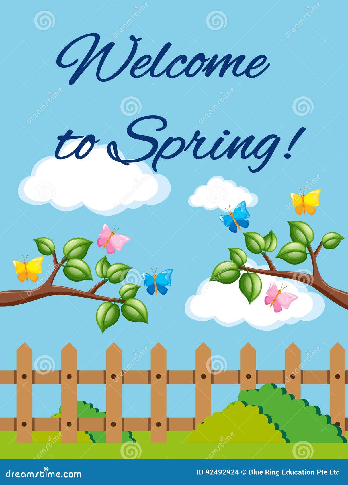 Welcome To Spring Poster with Garden Scene Stock Vector - Illustration ...