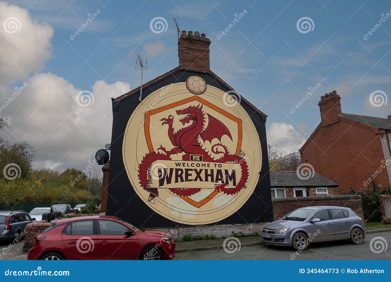The Welcome To Wrexham Mural On The Exterior Wall Of A Row Of Houses In ... The Welcome To Wrexham Mural On The Exterior Wall Of A Row Of Houses In ...