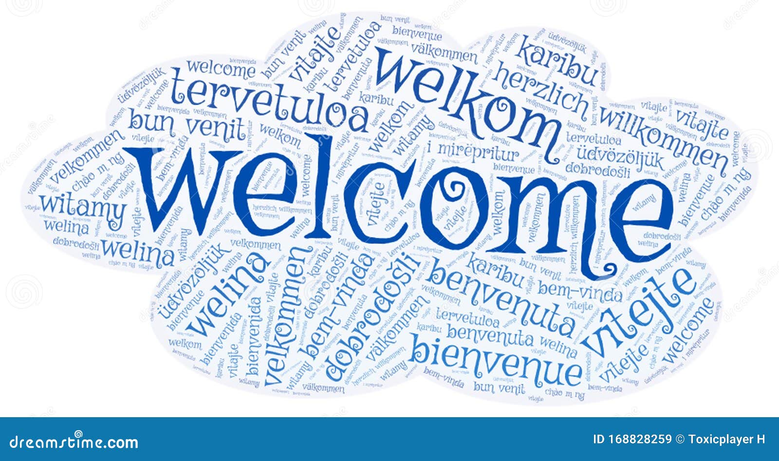 Welcome Word Cloud in Blue in Many Languages Stock Illustration ...