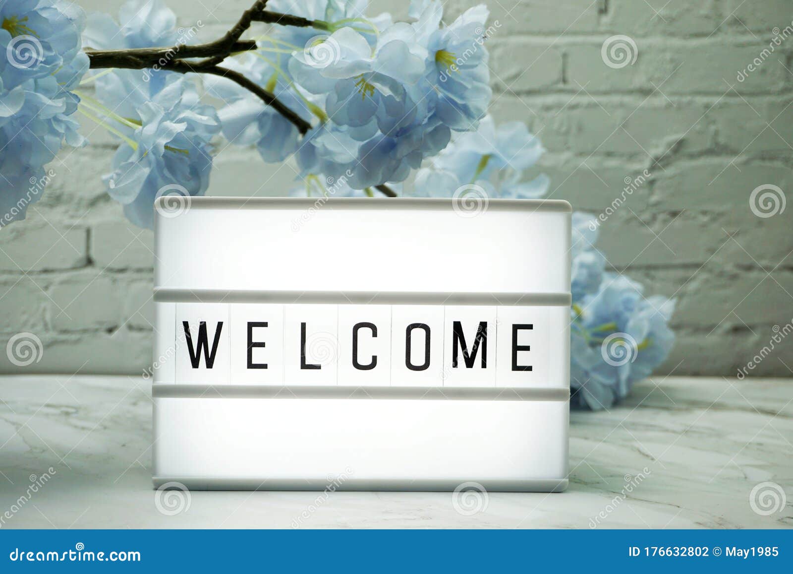 Welcome Word in Light Box with Flowers Decoration Stock Photo - Image ...