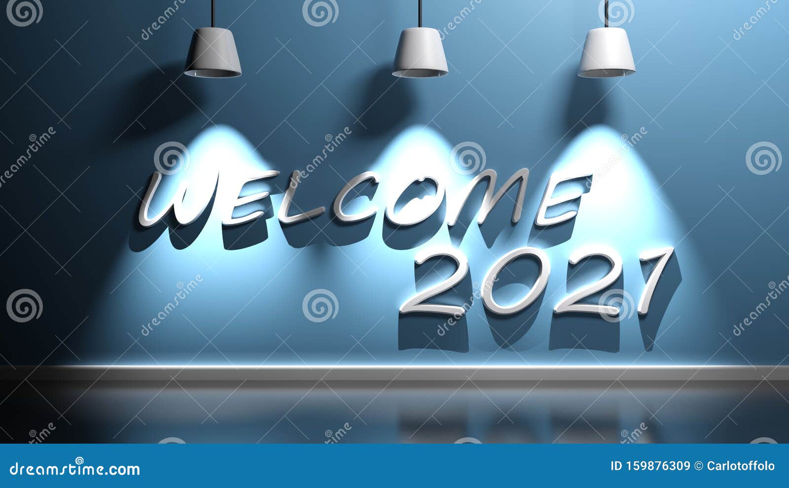 Welcome 2021 Write at Blue Wall with Lamps - 3D Rendering Illustration ...