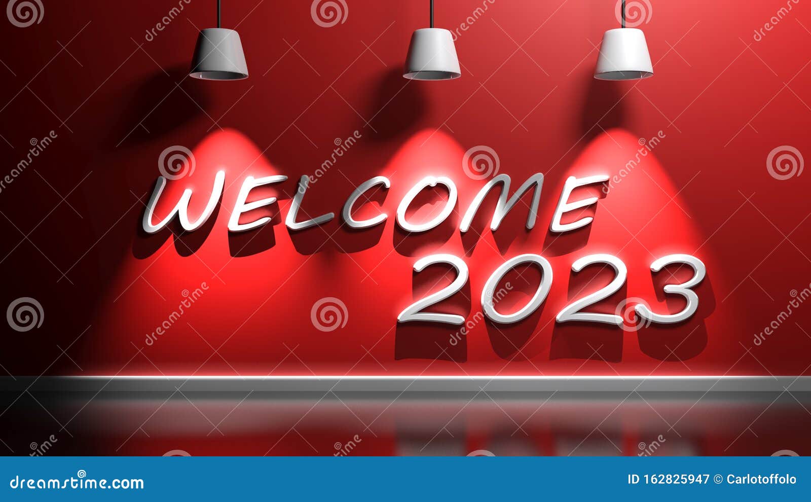Welcome 2023 Write at Red Wall with Lamps - 3D Rendering Illustration ...