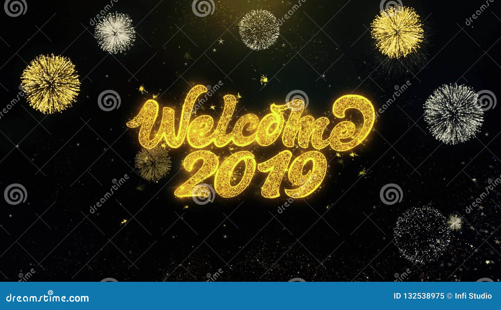 Welcome 2019 Written Gold Particles Exploding Fireworks Display Stock ...