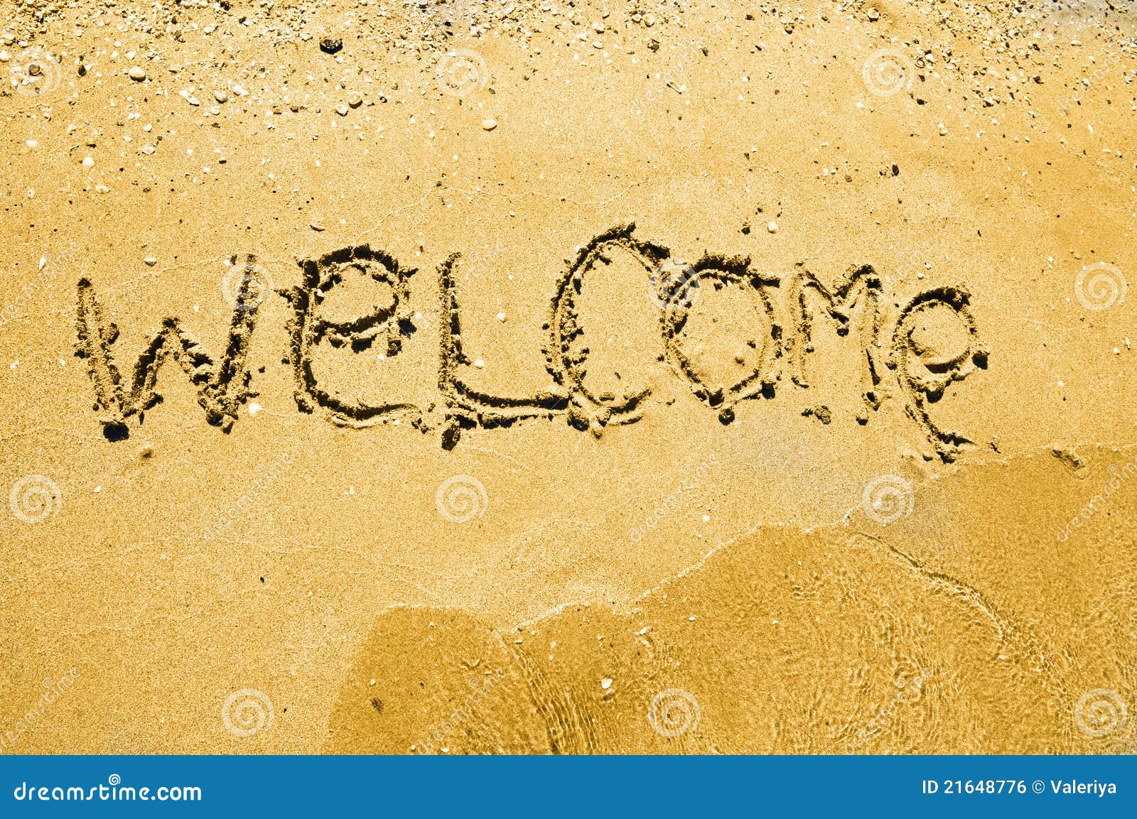 Welcome written on sand stock photo. Image of summer - 21648776
