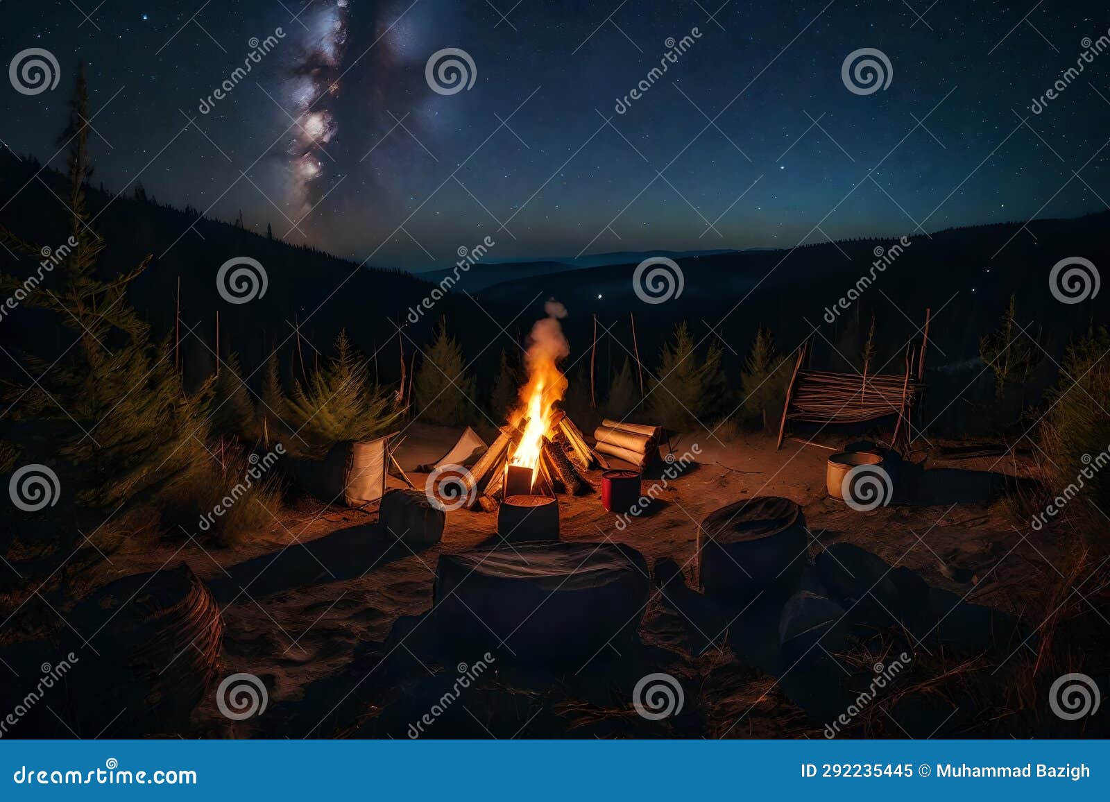 A Welcoming Bonfire Beneath a Starry Night Sky. Stock Illustration ...