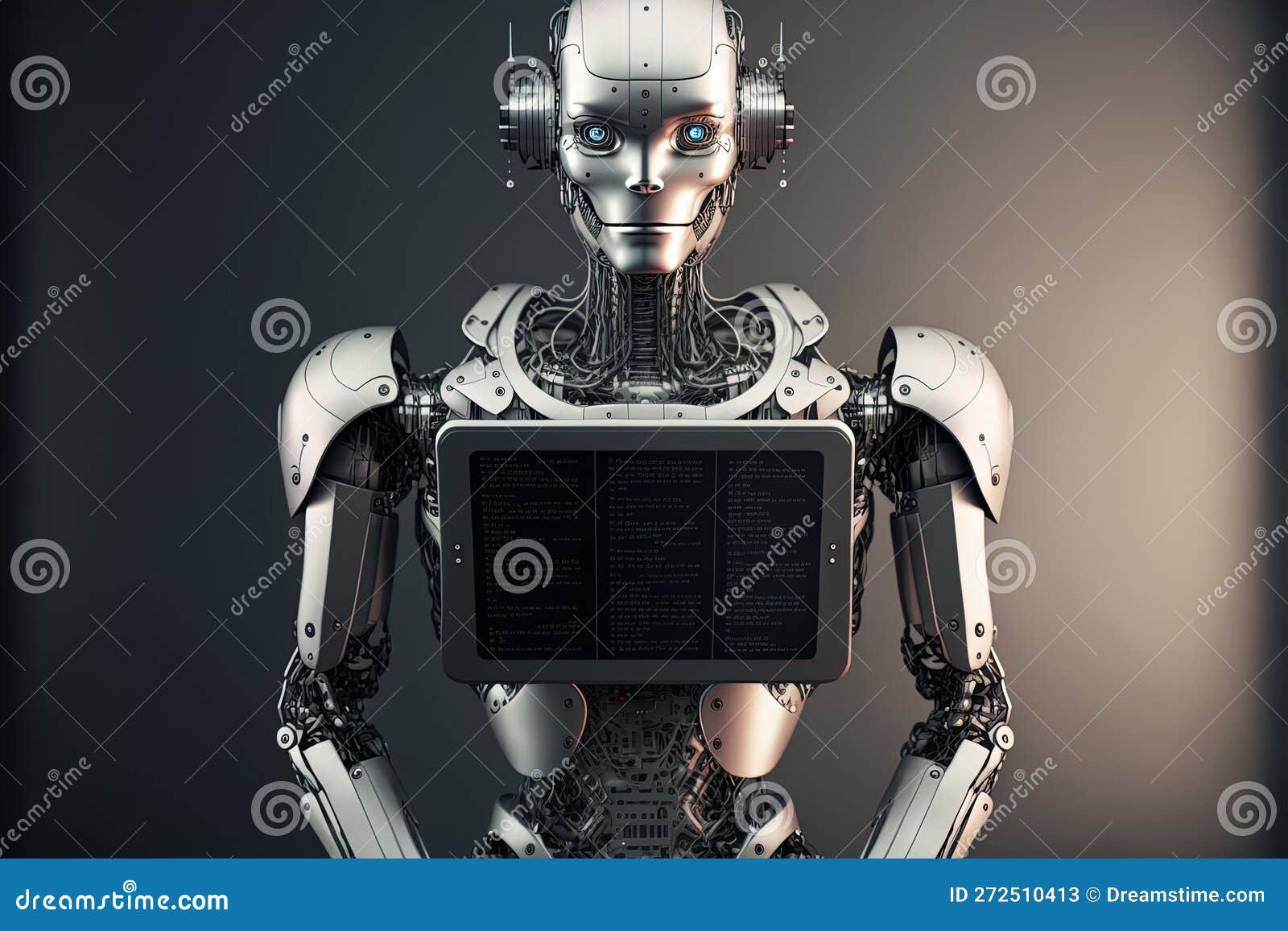 Welcoming Electronic Cyborg Robot with White Tab Screen Stock ...