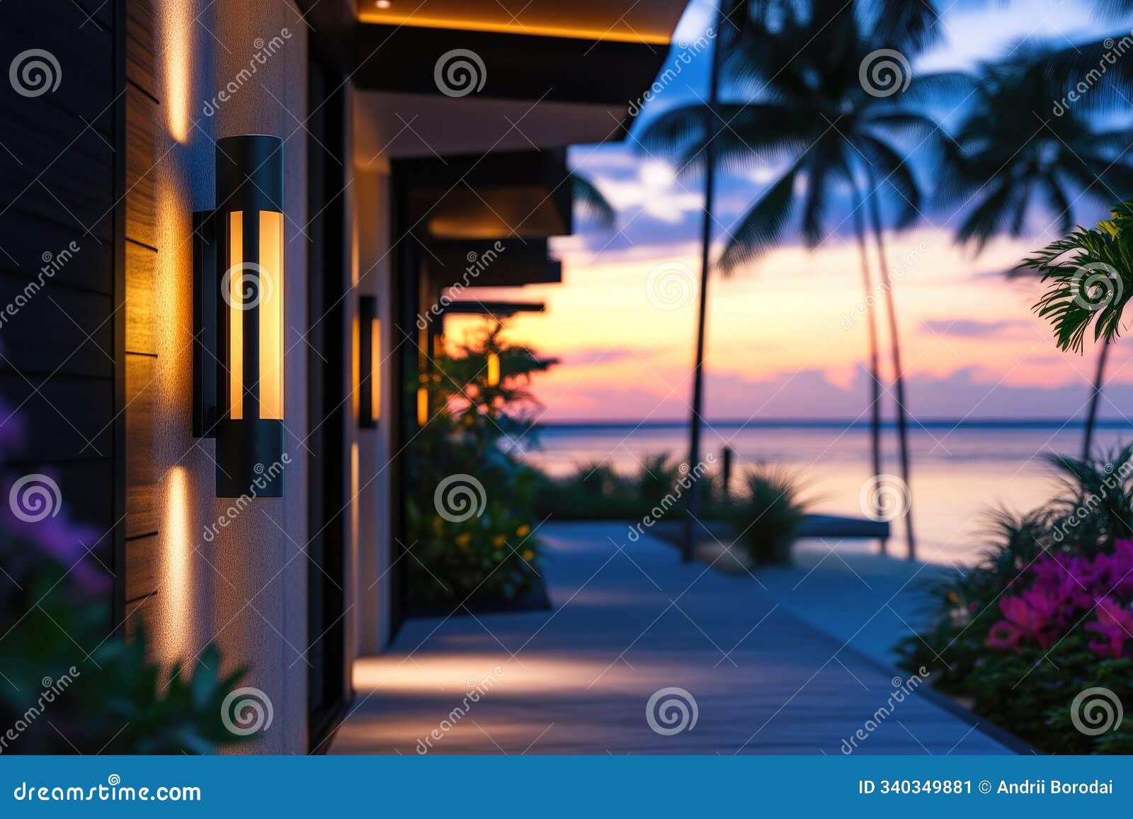 Welcoming Lights of a Beachfront Resort at Twilight. Stock Illustration ...