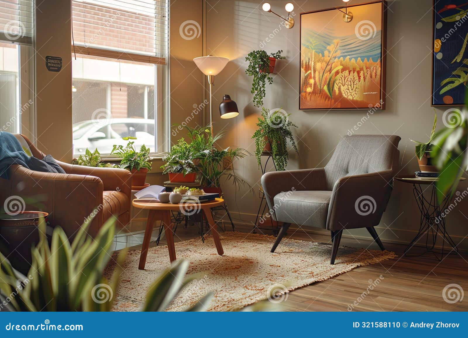 A Welcoming Therapy Office with Warm Lighting, Comfortable Seating, and ...