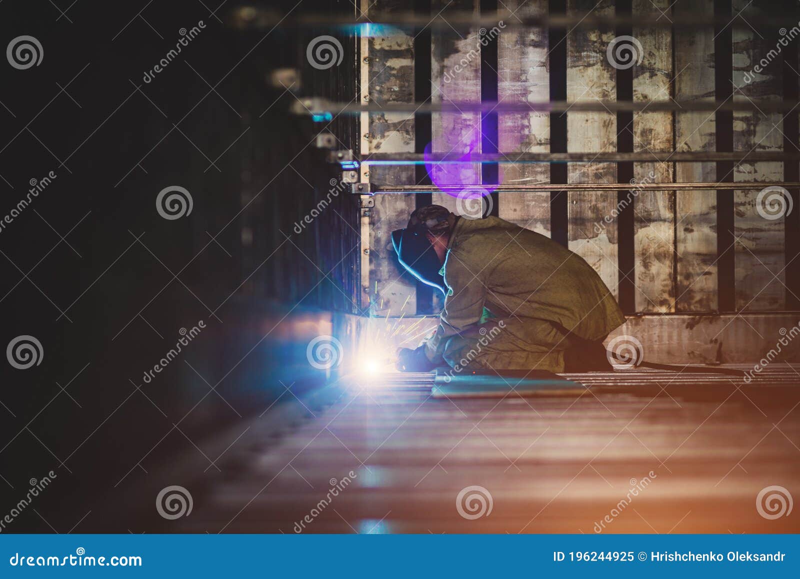 Welder Makes Welding Inside an Iron Container Stock Image - Image of ...