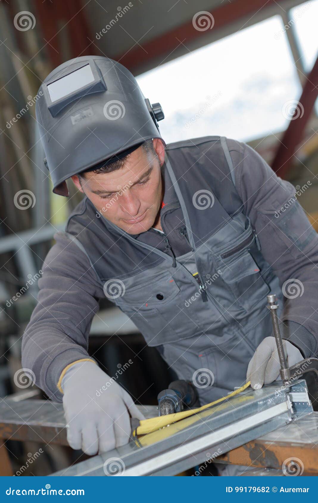Welder Man Measuring Part in Workshop Stock Photo - Image of factory ...