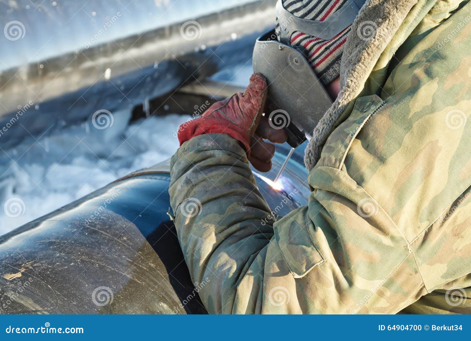 Welder Performs Welding Pipeline in Winter Conditions Stock Photo ...