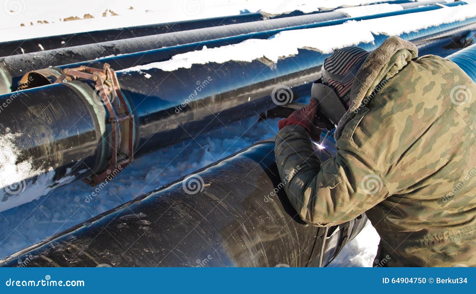 Welder Performs Welding Pipeline in Winter Conditions Stock Photo ...