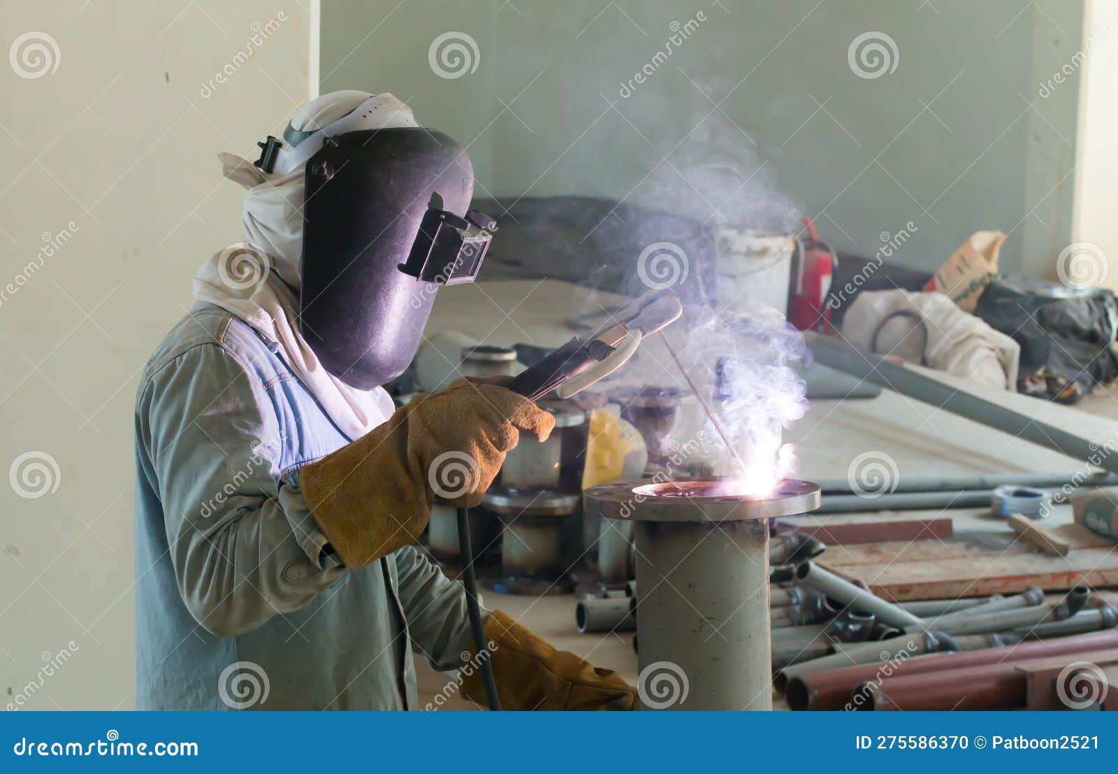 Welder Performs Welding Work Semi-automatic Electric Arc Welding. MIG ...