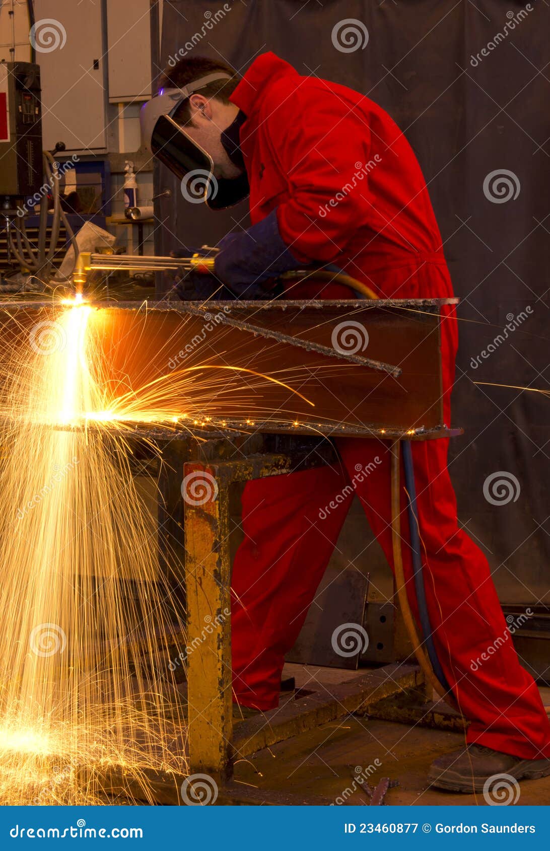 Welder in Red Overalls Cuts Metal. Stock Image - Image of metal ...