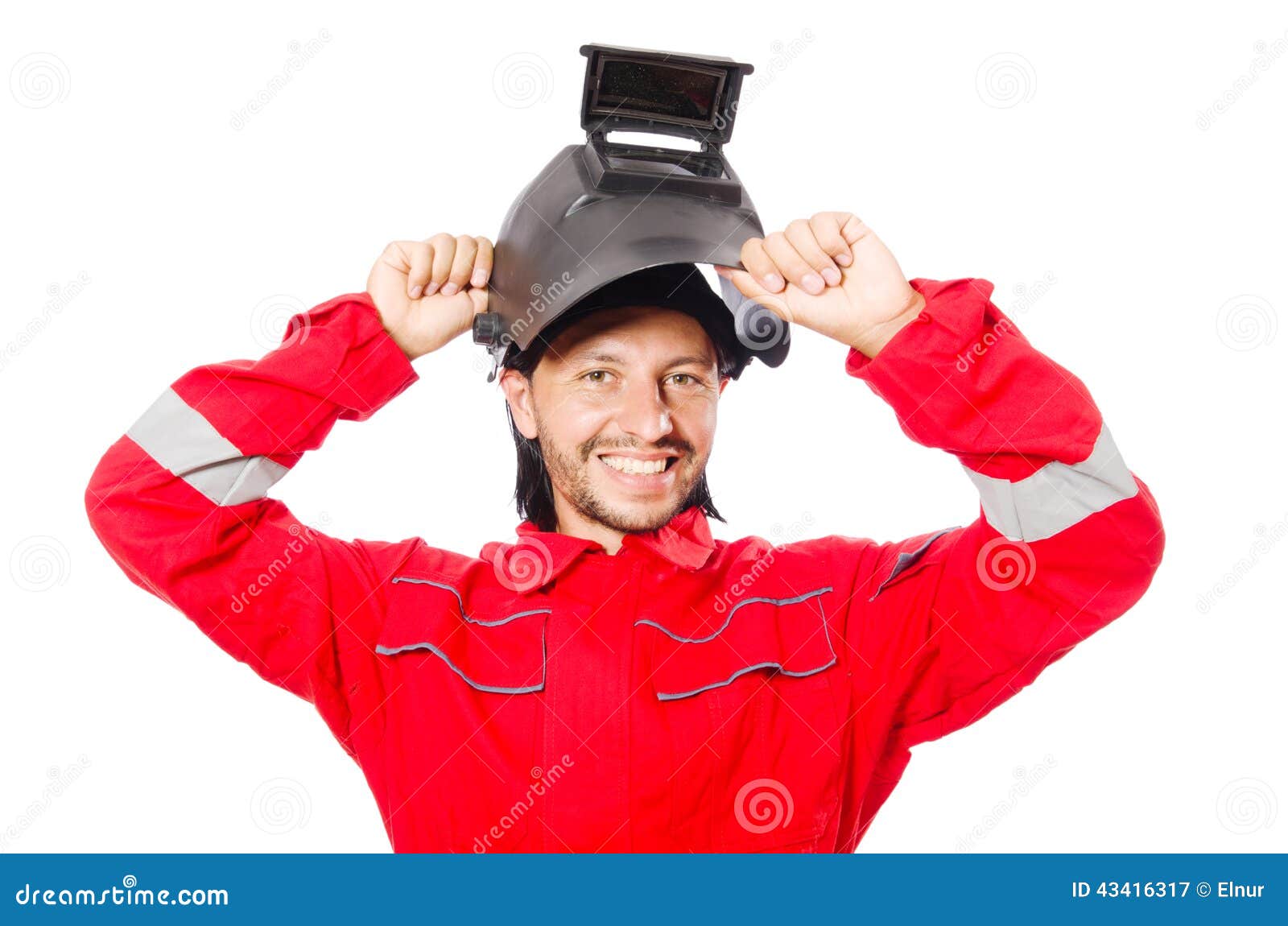 Welder in red overalls stock image. Image of helmet, industry - 43416317