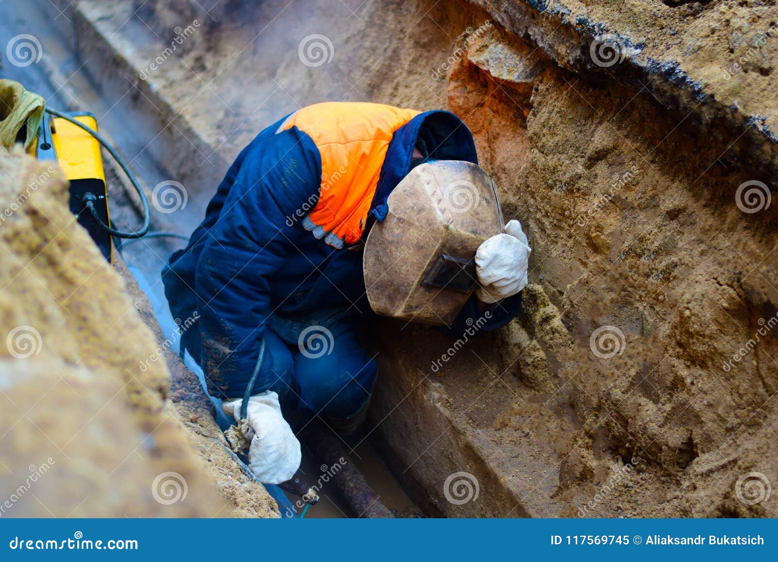 Welder Repairs the Pipeline in the Mine Stock Image - Image of action ...