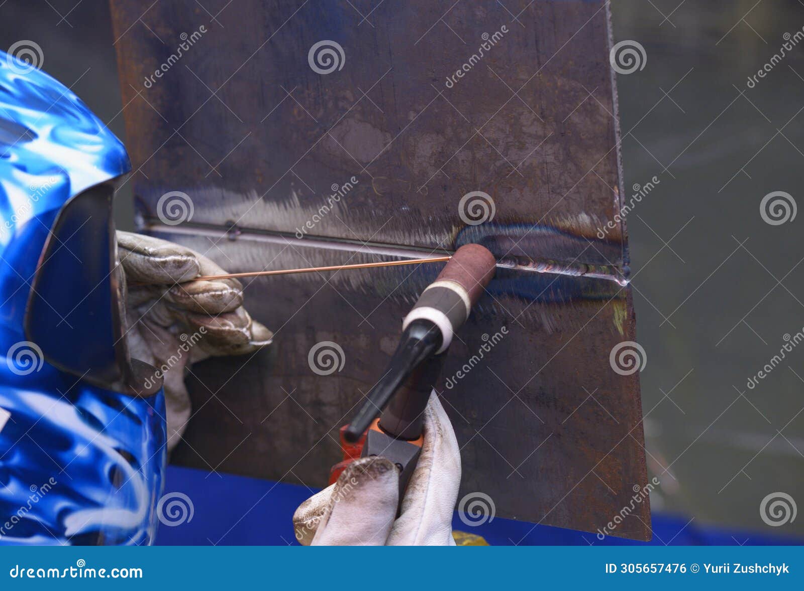 Welder Welding Two Pieces of Metal Using Argon Torch and Filler Rod ...