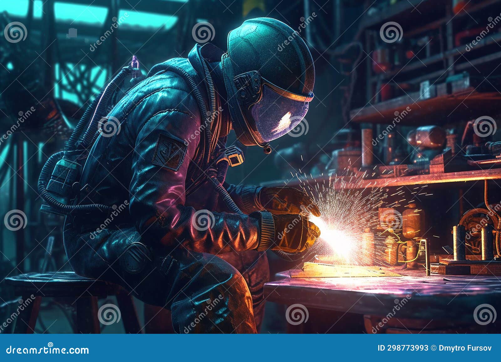 A Welder Welds Large Pieces of Metal.the Magic of Inventions Stock ...