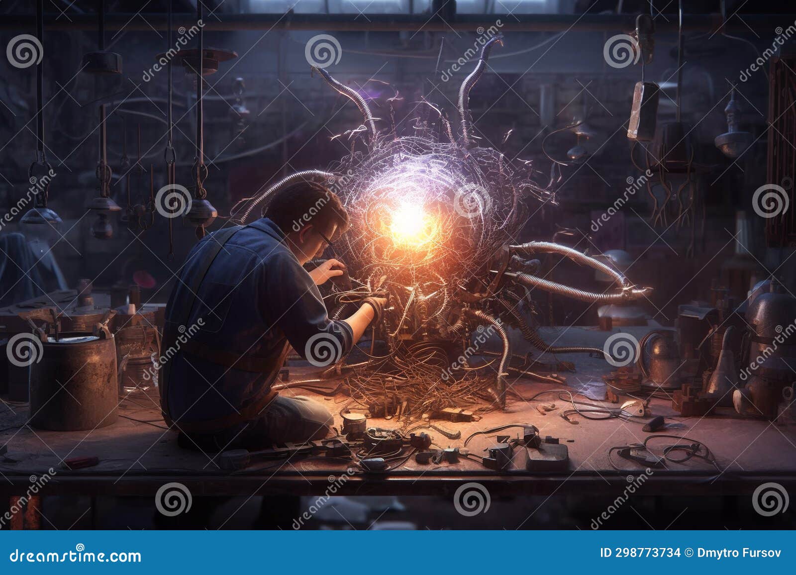 A Welder Welds Large Pieces of Metal.the Magic of Inventions Stock ...