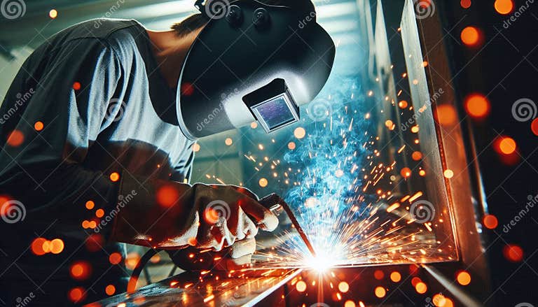 Welder at Work Creating Bright Sparks Amidst a Realistic Workshop ...