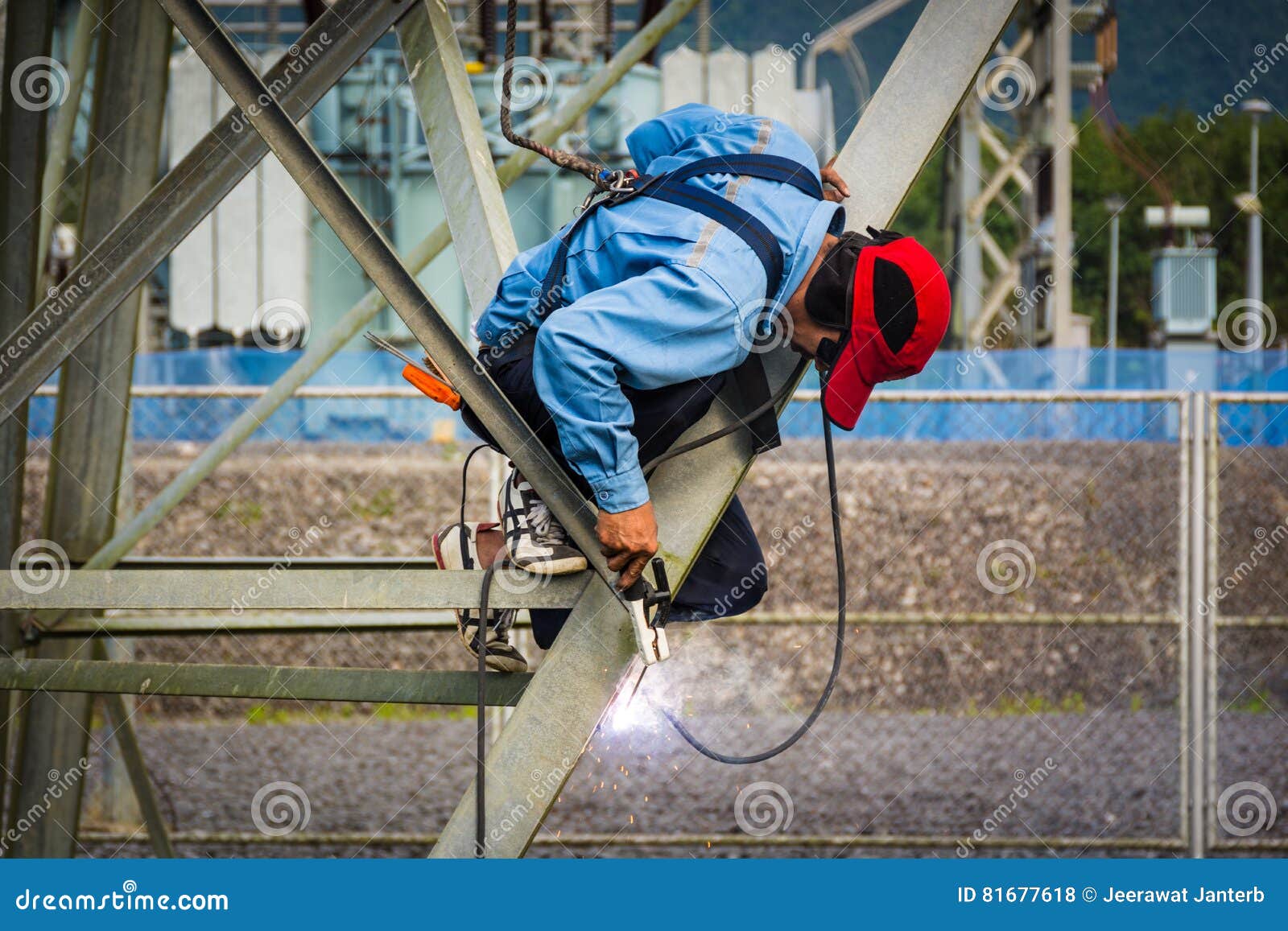 Welder Work at High Electric High Voltage Pole 230 Kv. Editorial Stock ...