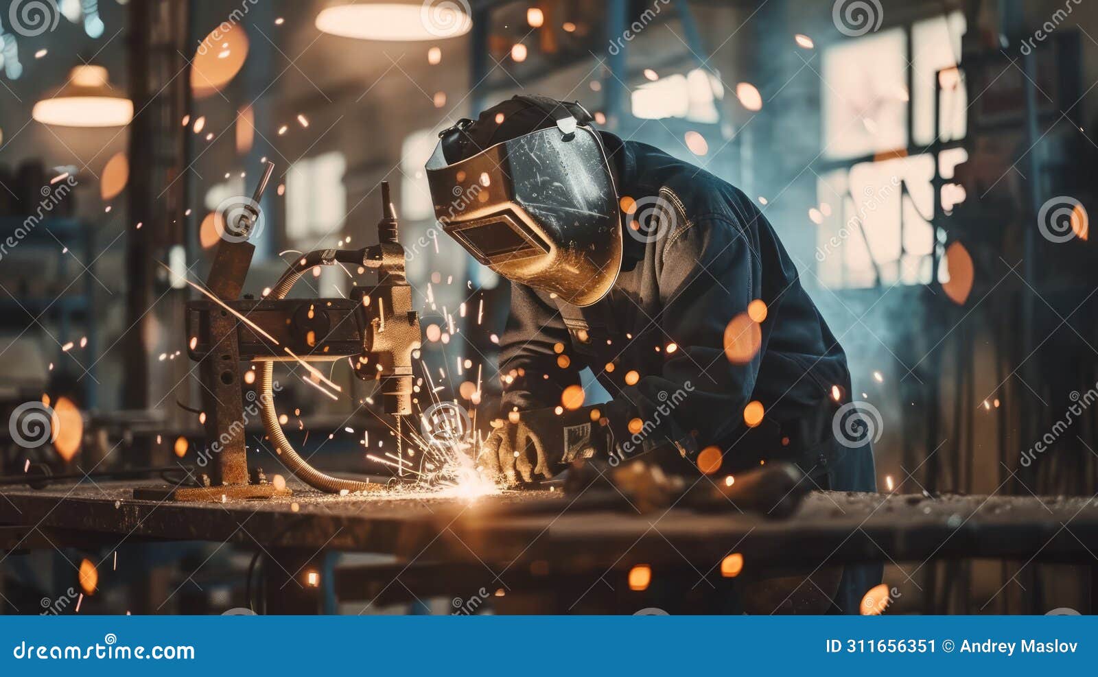 Welder at Work, Sparks Flying in Workshop Stock Image - Image of helmet ...