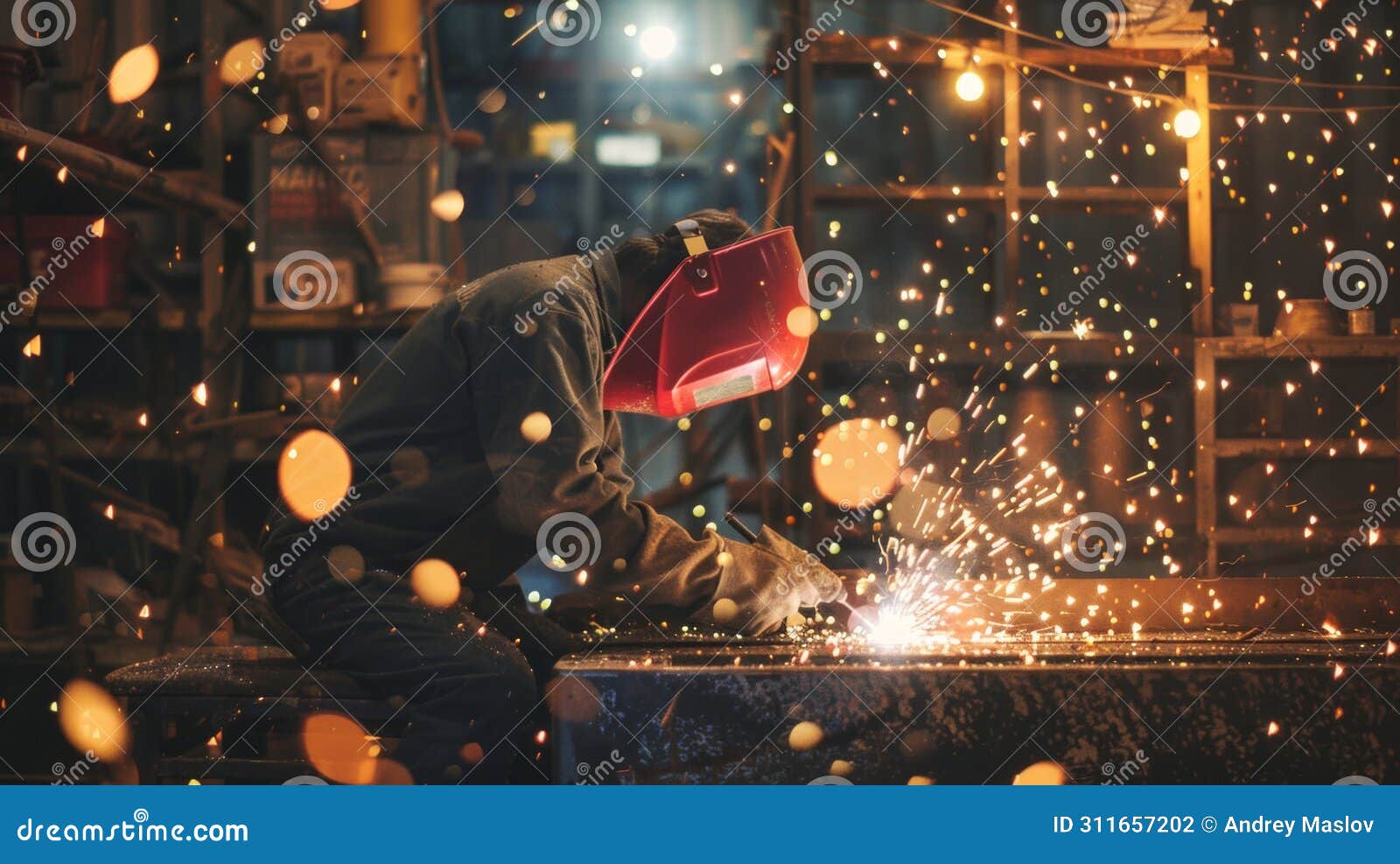 Welder at Work, Sparks Flying in Workshop Stock Photo - Image of flame ...
